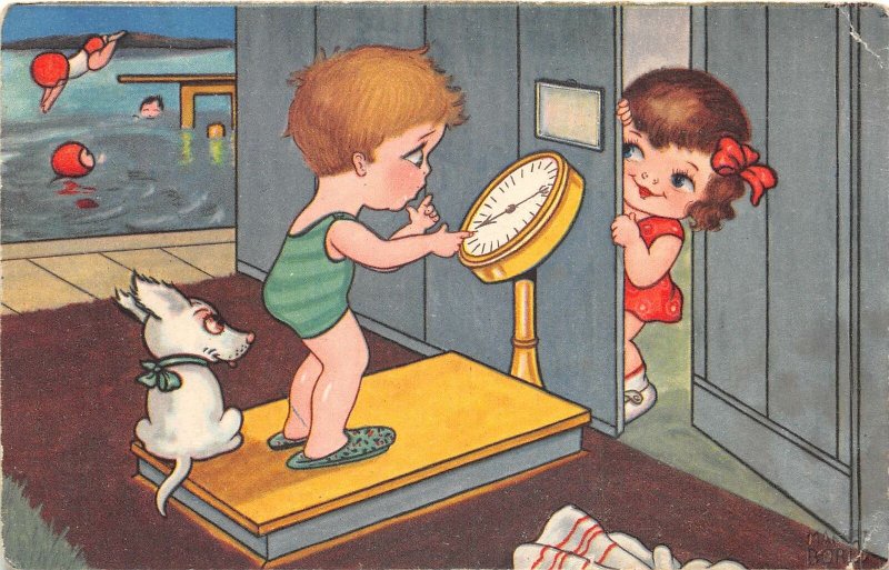 Lot 96 child on the scales and a dog comic postcard romania overweight ...