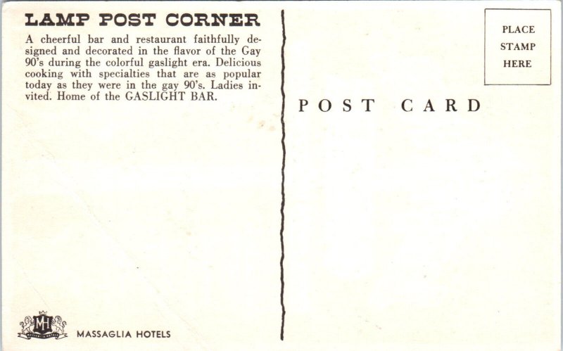 1950s Lamp Post Corner Bar & Restaurant Massaglia Hotels Advertising ...