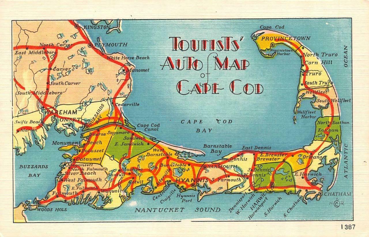 MA Massachusetts CAPE COD AUTO MAP BarnstableBuzzards Bay c1940s ...