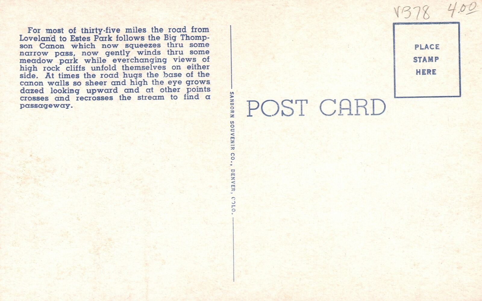 Vintage Postcard Cliffs Entrance Big Thompson Canon Highway Estes Park ...