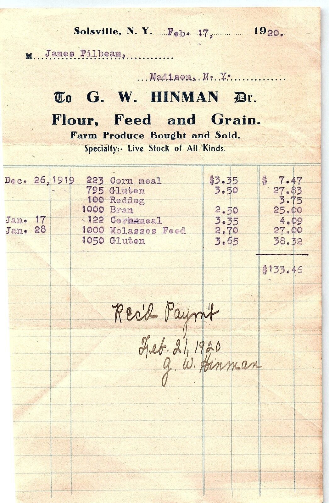 1920 G.W. Hinman DR Solsville NY Flour Feed and Grain Live Stock ...