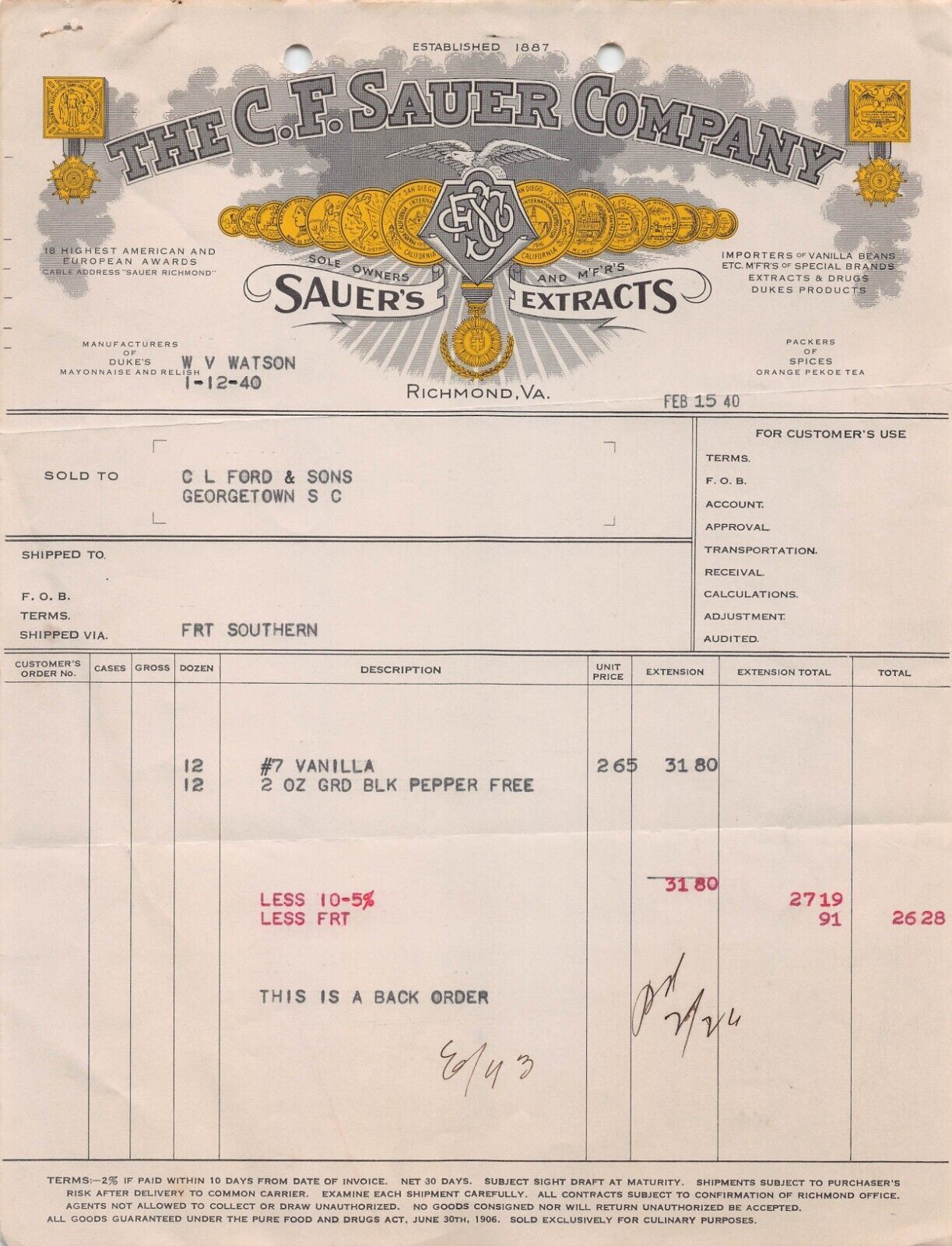 Richmond Virginia Va~C F Sauer Co-Dukes Mayonaise-Extracts-Drugs-1940 ...