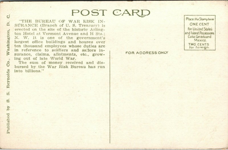 Vtg 1920s War Risk Insurance Building Washington DC Unused Postcard ...