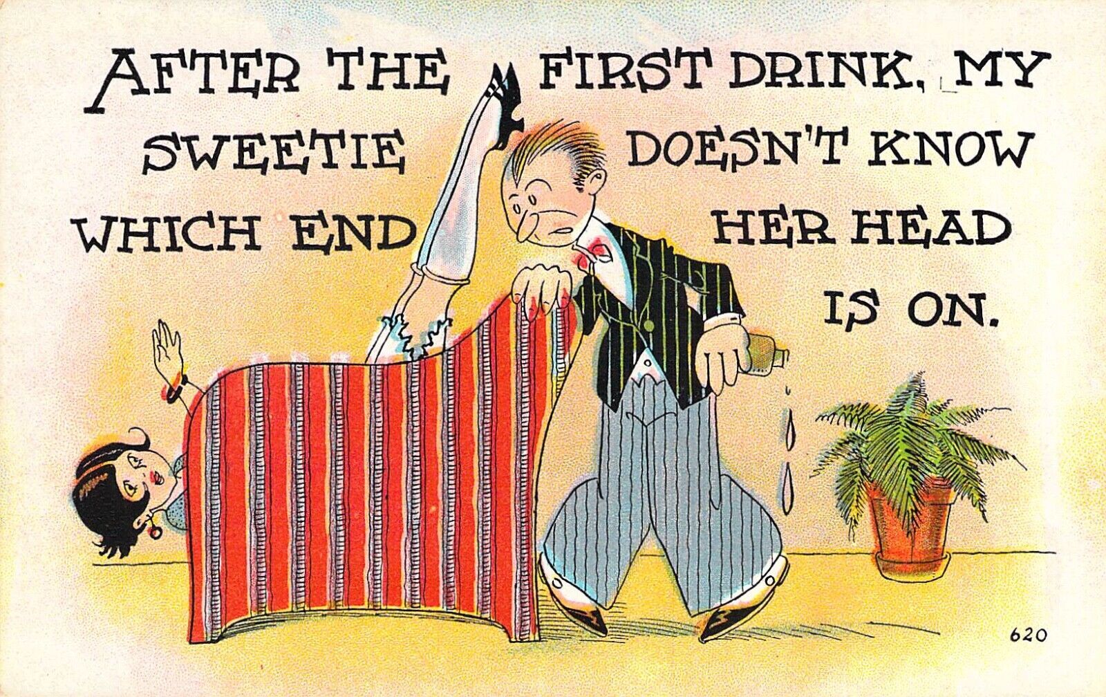 c.'16, Risque Petting Comic, Flappers after First Drink, Old Postcard ...