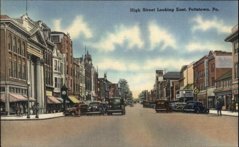 POTTSTOWN PA High Street Scene STOREFRONTS OLD CARS Old Linen Postcard ...