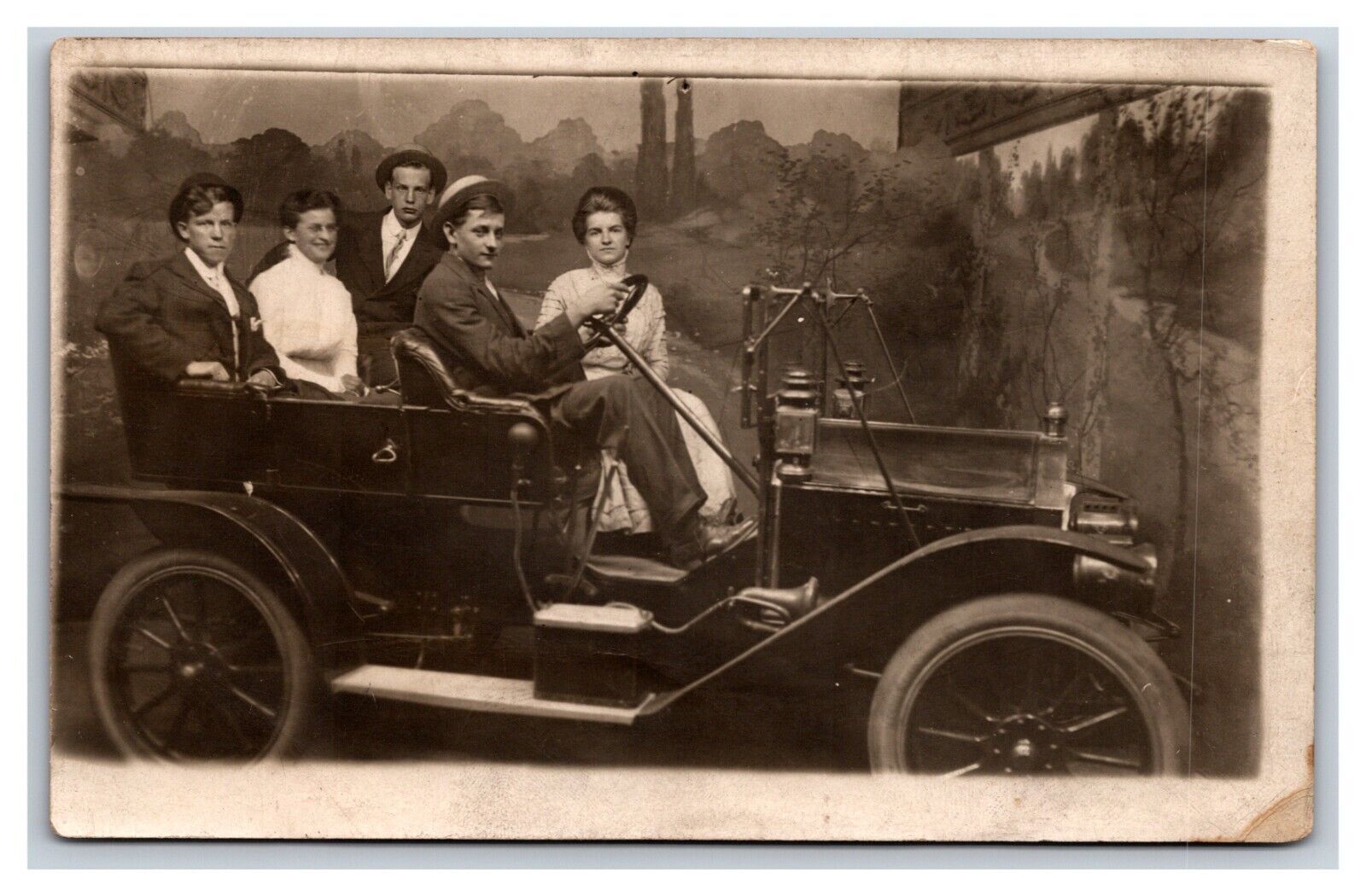 RPPC Carload Of Young People Driving Prop Automobile Car 1908 Postcard ...