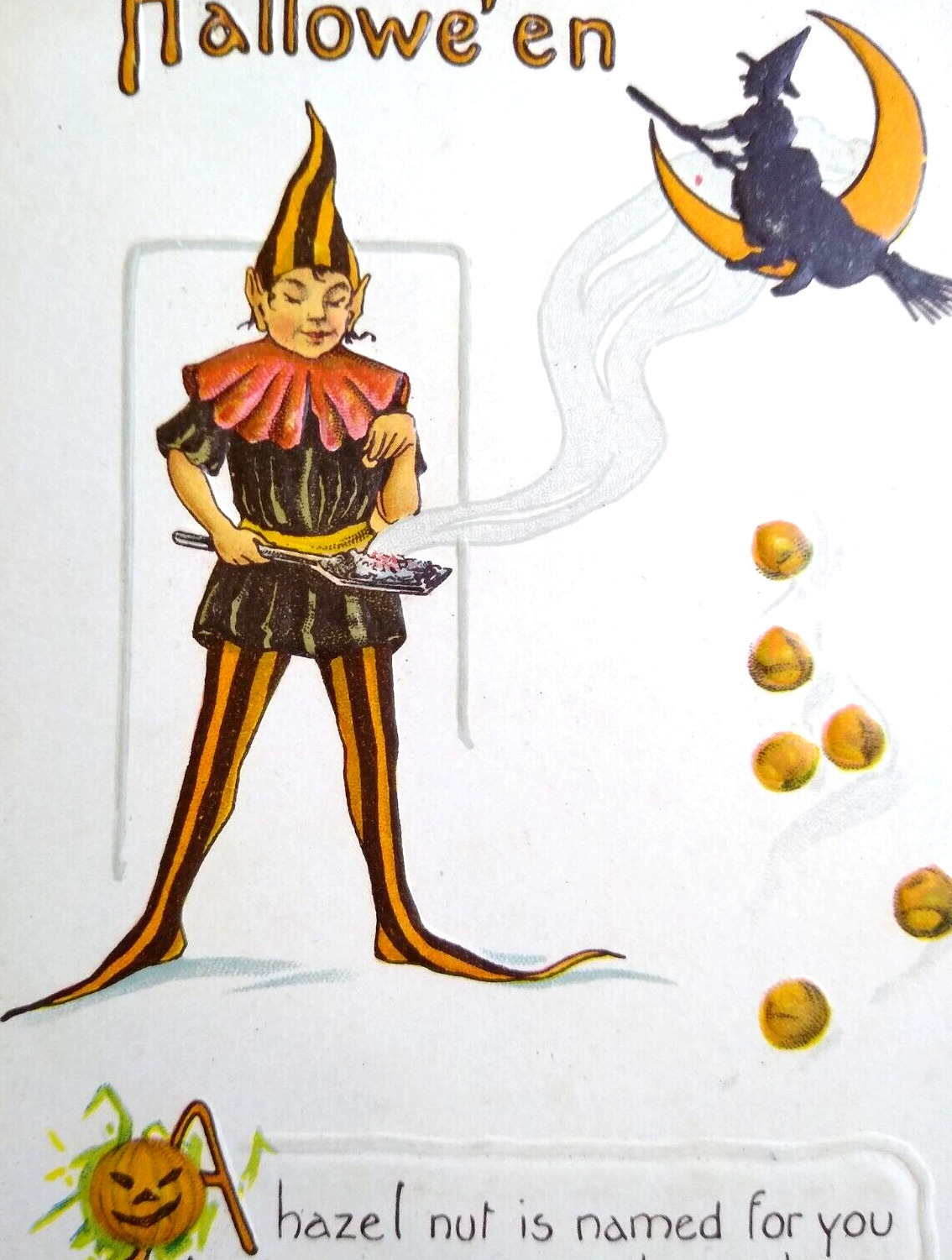 Halloween Postcard Fantasy Jester Hazel Nuts Poem Witch Crescent Moon H ...