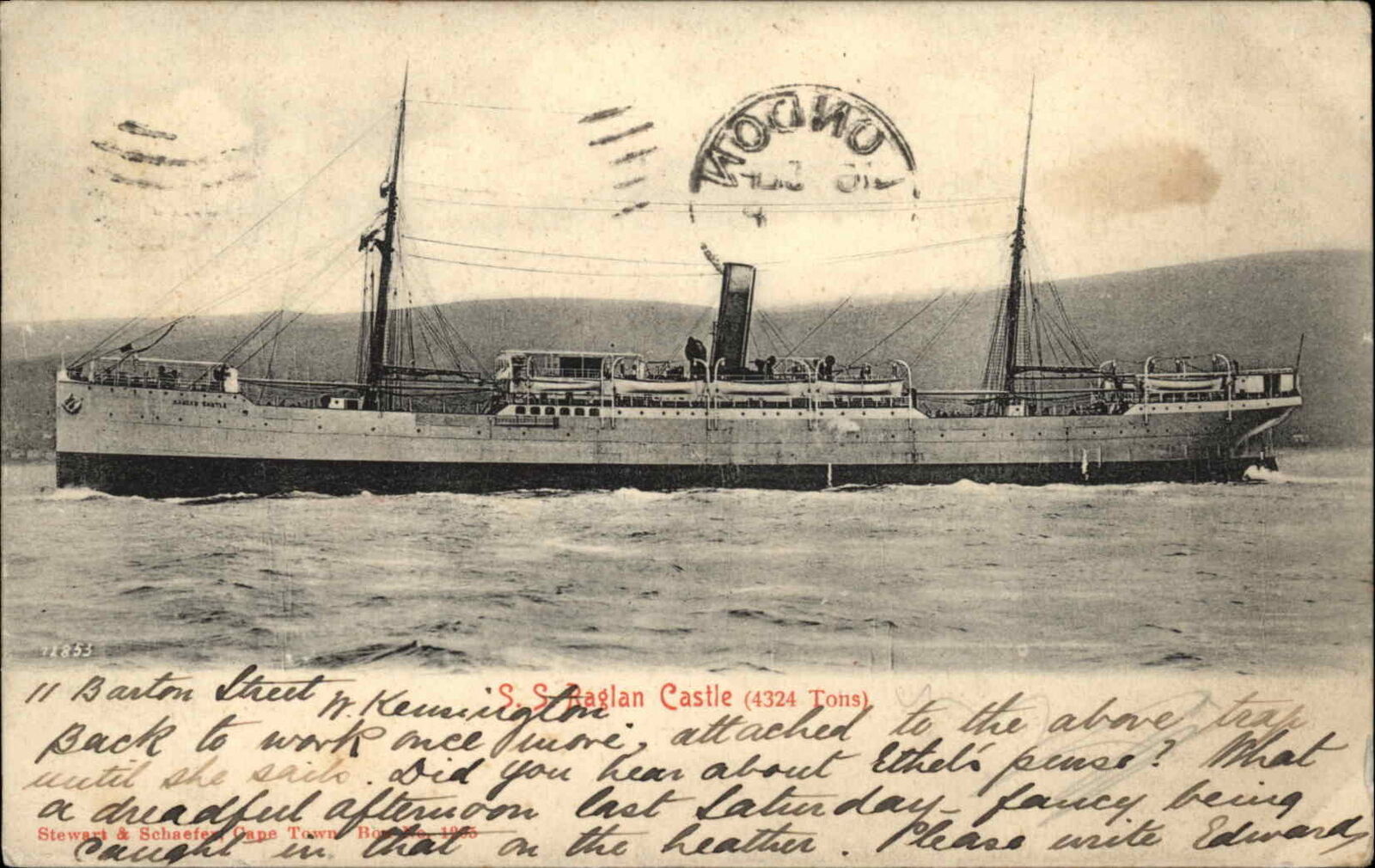 Cape Town South Africa Steamship SS Ranglan Castle Passenger Msg c1905 ...