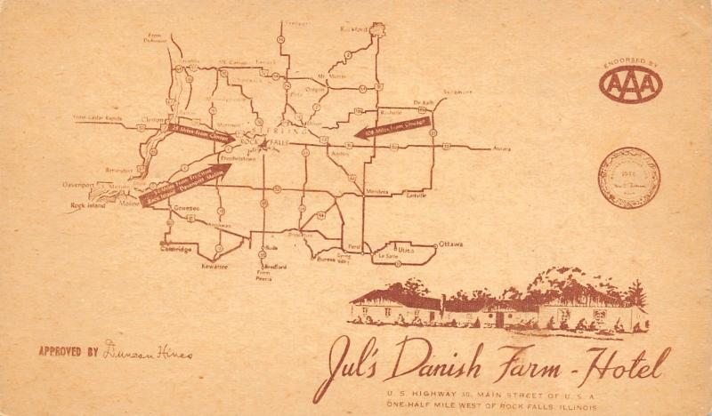 Rock Falls Illinois~Jul's Danish Farm Hotel~Lincoln Highway~Map~1940s ...