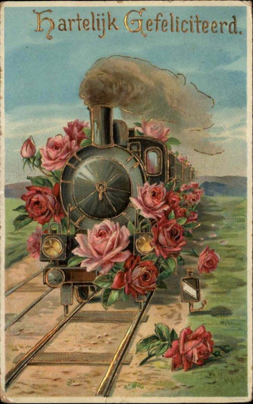 Congratulations Hartelijk Gefeliciteerd Railroad Train Roses Gel c1910 ...