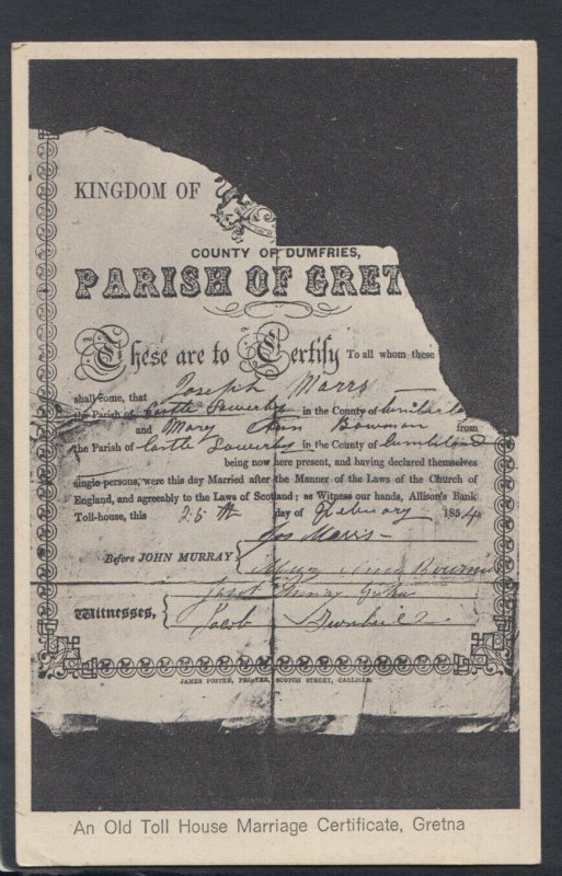 Scotland Postcard - An Old Toll House Marriage Certificate, Gretna ...