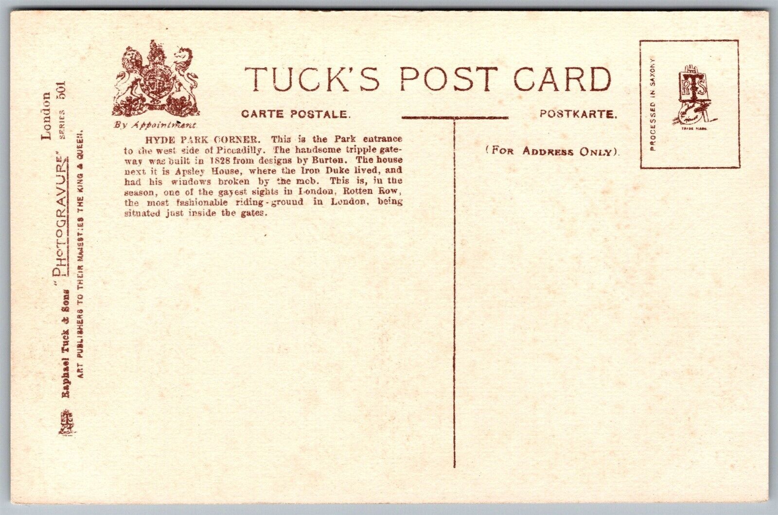 Vtg London England Hyde Park Corner View Photogravure 1910s Tuck ...