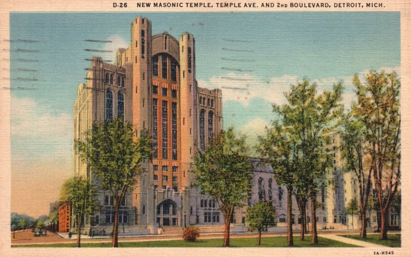 Vintage Postcard 1937 New Masonic Temple Building Temple Ave. Detroit ...