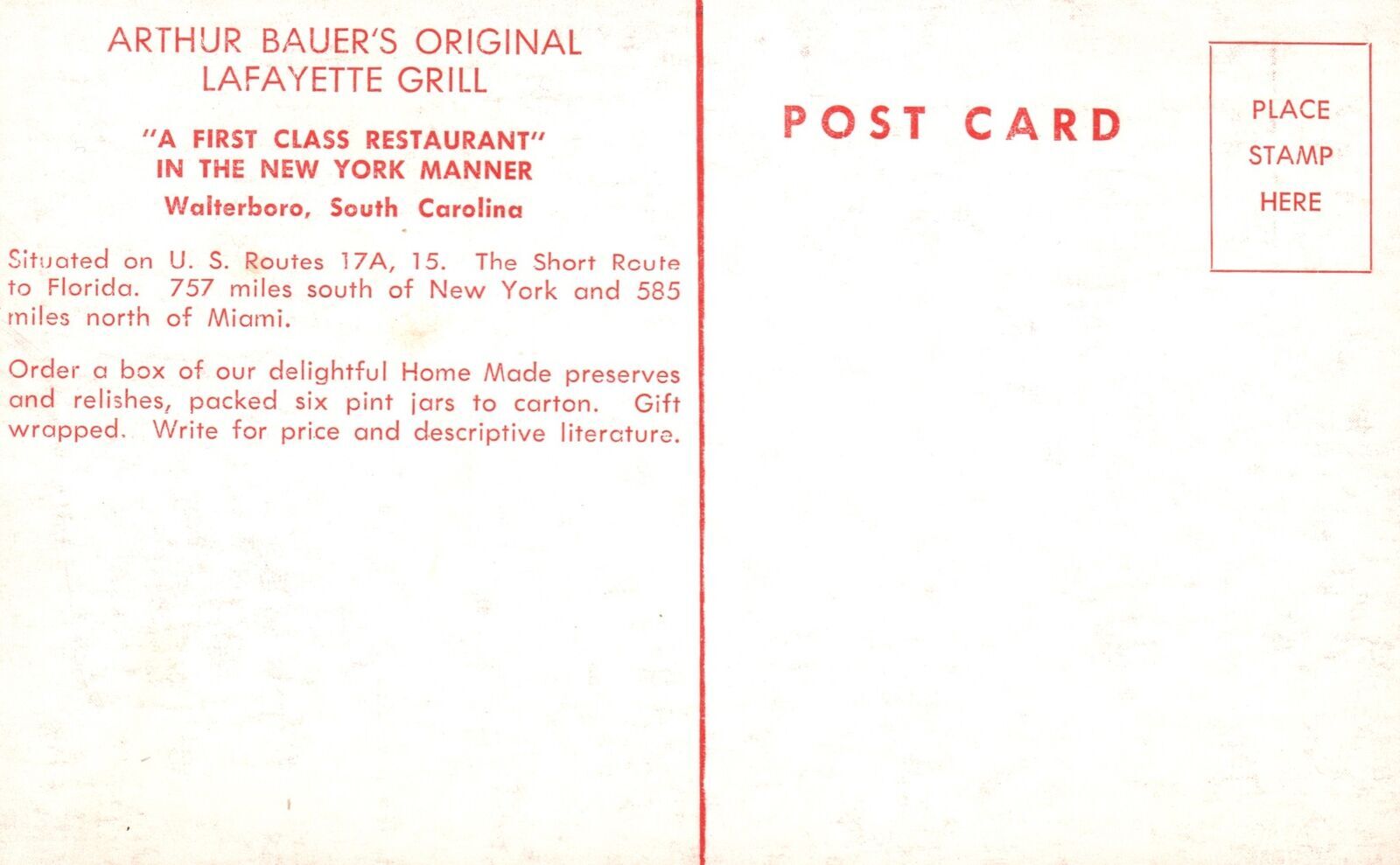 Vintage Postcard Arthur Bauer's Orig. Lafayette Grill Walterboro South ...