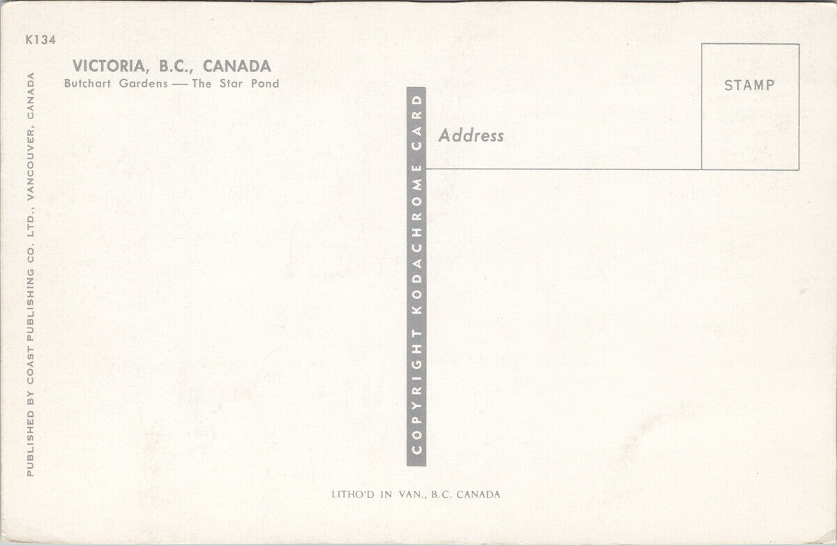 The Star Pond Butchart Gardens Victoria BC UNUSED Vintage Postcard D97 ...