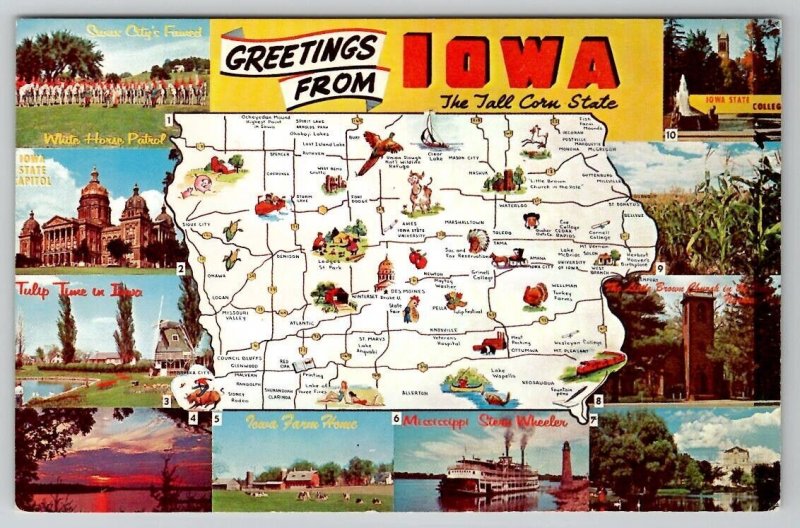 Iowa Greetings Map Attractions Picture Border Postcard D30 | United ...
