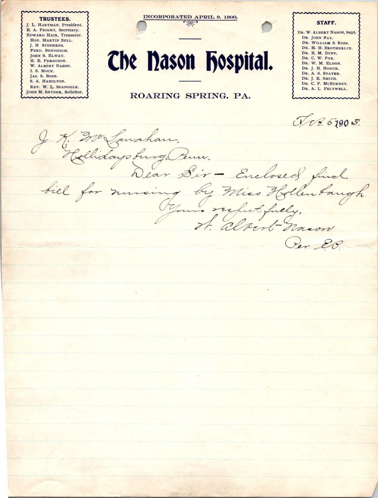 1903 the Nason Hospital to J K Mclanahan Bill for Nursing Roaring ...