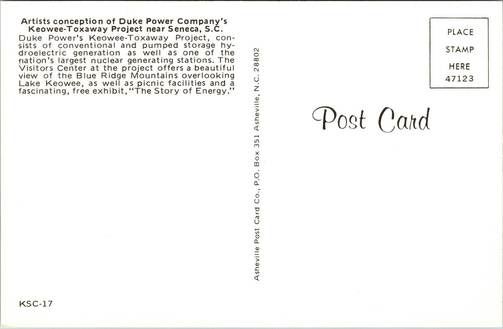 Duke Power Company Keowee-Toxaay Project Seneca SC South Carolina ...