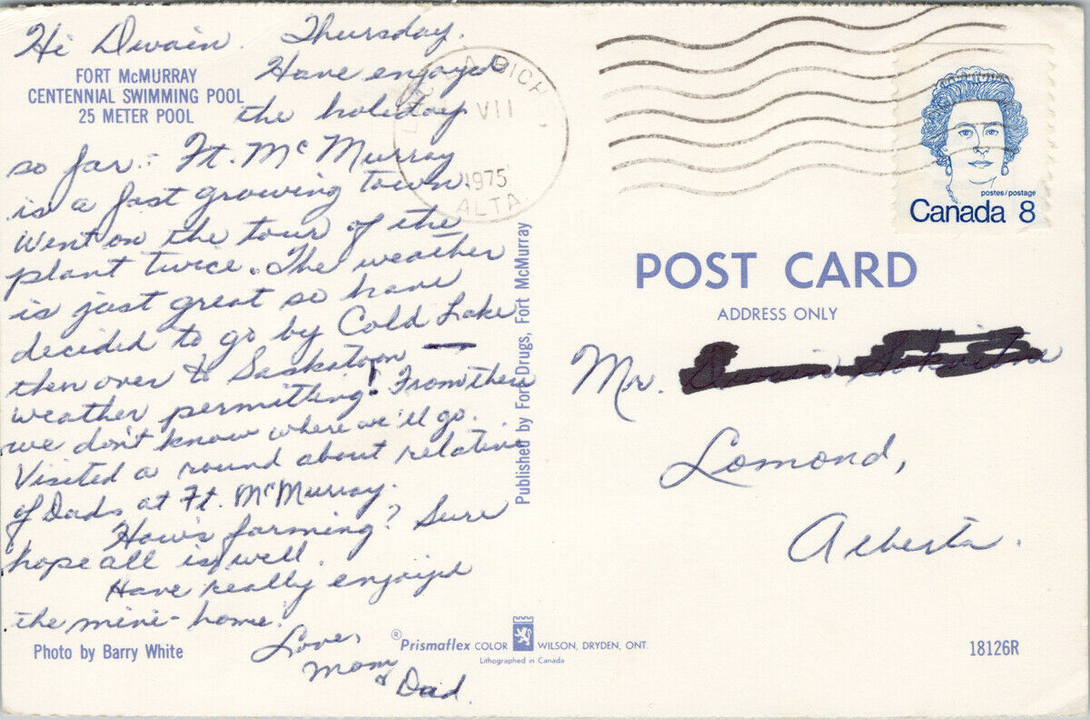 Fort McMurray Alberta Centennial Swimming Pool 1970s Vintage Postcard ...