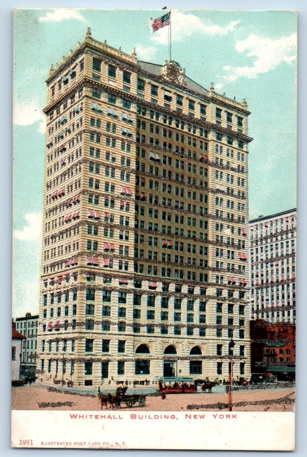 New York City NY Postcard Whitehall Building Cars Horse Carriage Street ...