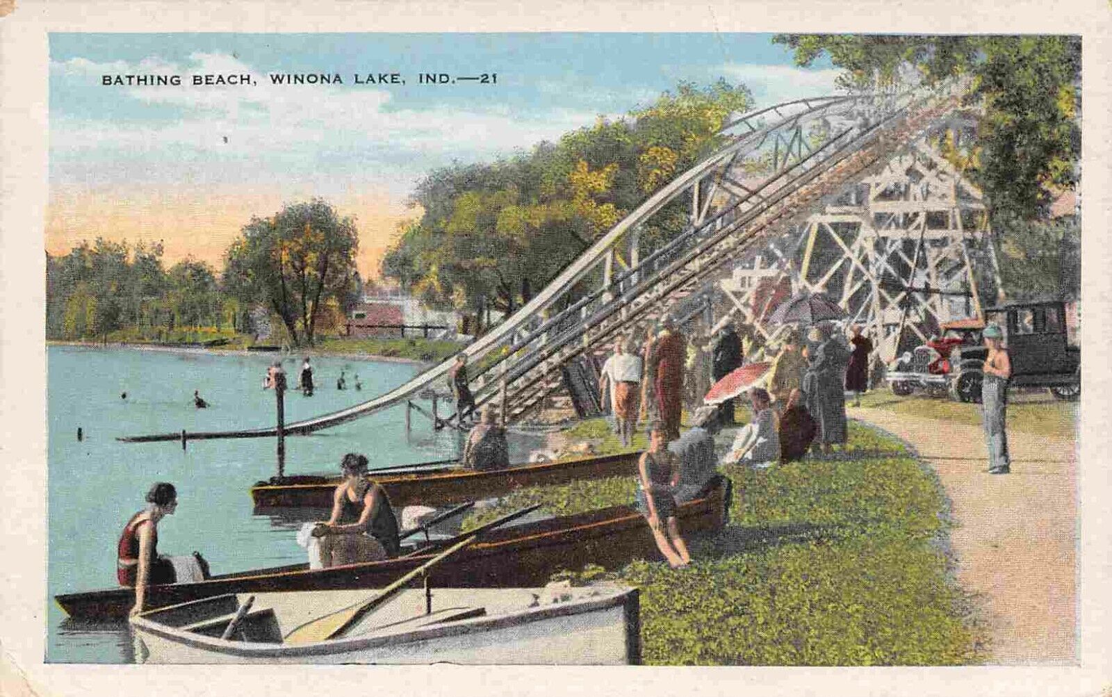 Bathing Beach Bathers Boats Water Slide Winona Lake Indiana 1920s ...