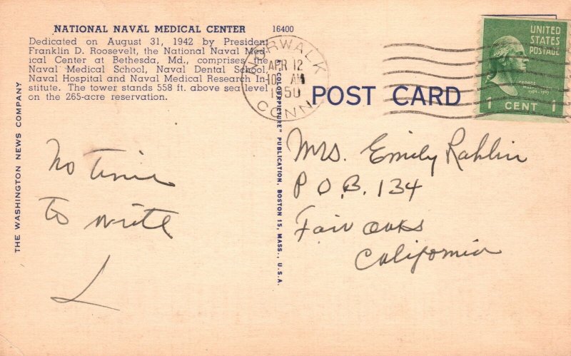 Vintage Postcard 1950s National Naval Medical Center Building Bethesda ...