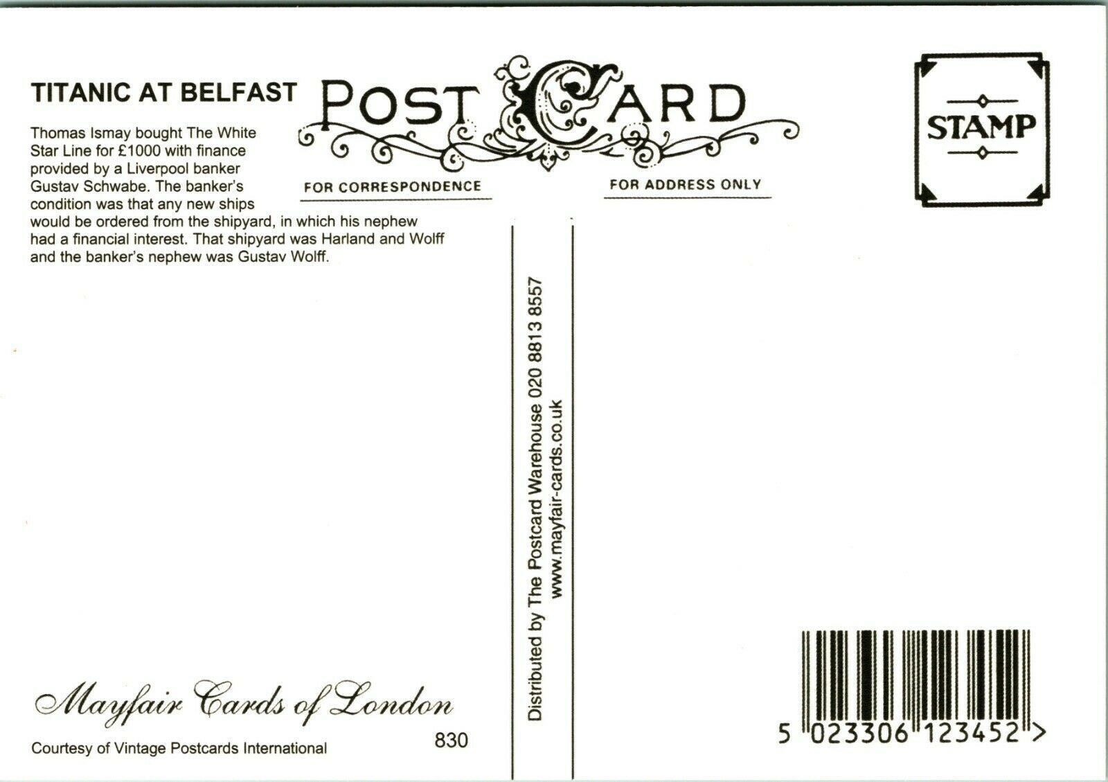 Mayfair Cards of London RMS Titanic at Belfast Continental Size ...