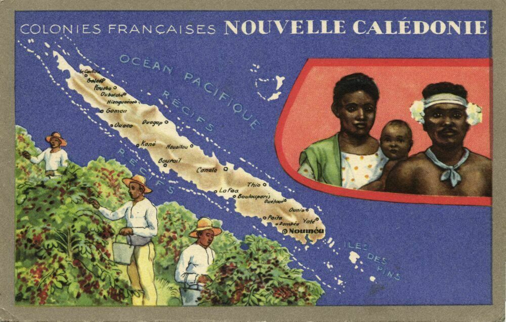 New Caledonia MAP Trade Card Lion Noir, Native People Coffee Pickers ...