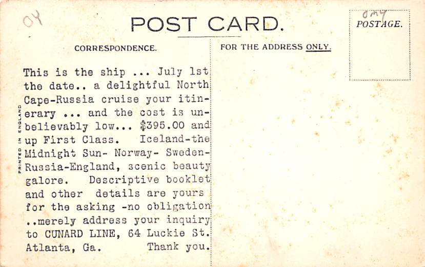 RMS Carinthia, Cunard Line White Star Line Cunard Ship Typing on back ...