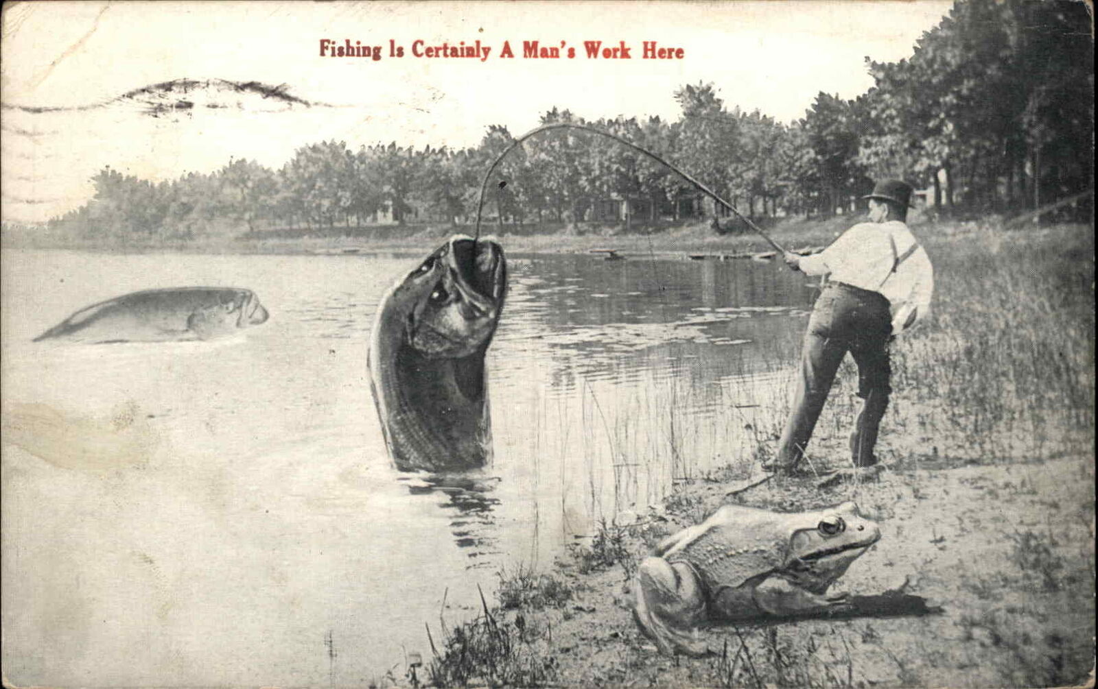 Antique EXAGGERATION FISHING Giant Fish and Frog Postcard | Other ...