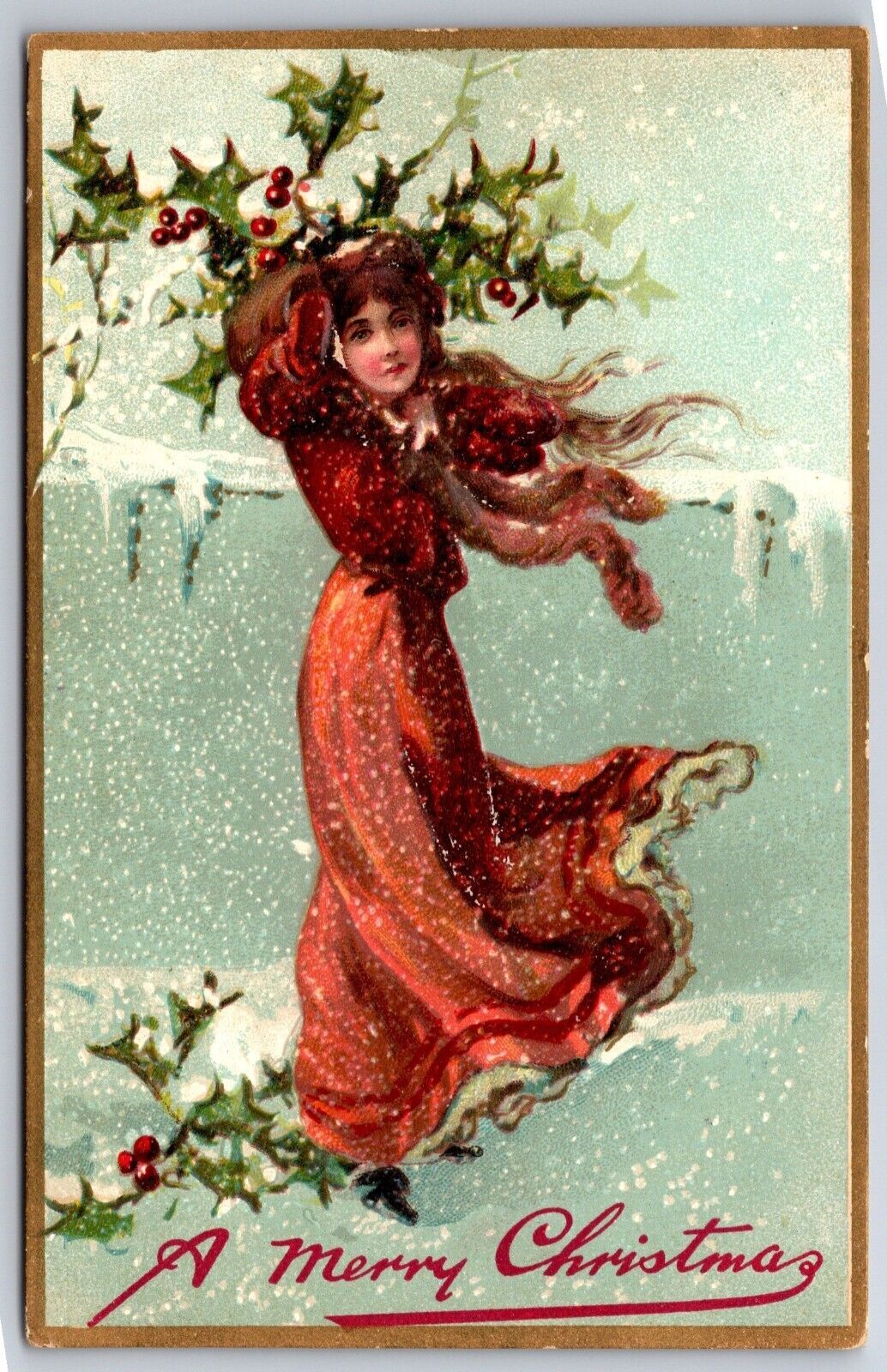 Christmas~Victorian Lady Hangs onto Hat In Windy Snowfall~Icy Wall ...