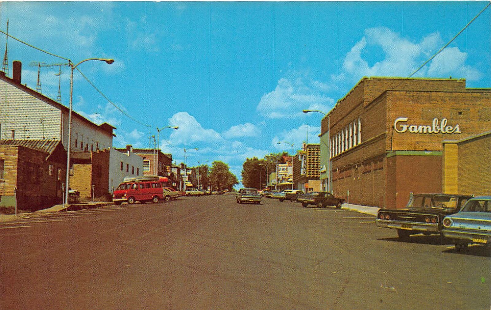 Park Falls Wisconsin 1960s Postcard Street Scene Cars Gambles Store ...