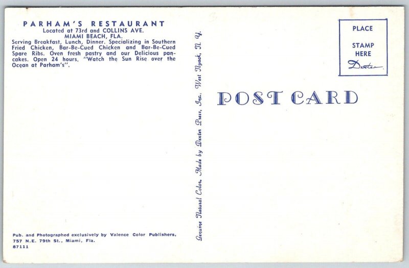 Miami Beach Florida 1950s Postcard Parham's Restaurant Soda Bar-B-Q ...