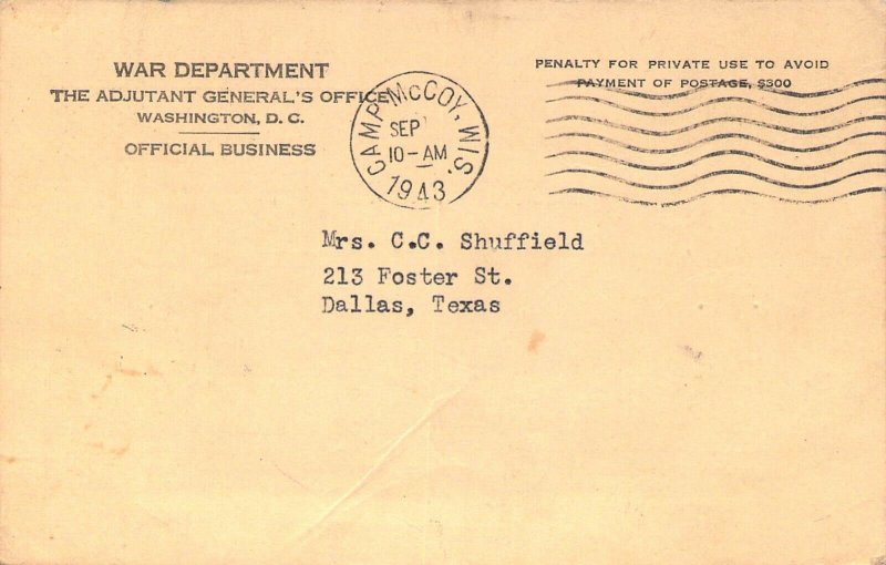 WW2, Official Army Address Change, 1943, Chauncy Harris, to Dallas Old ...