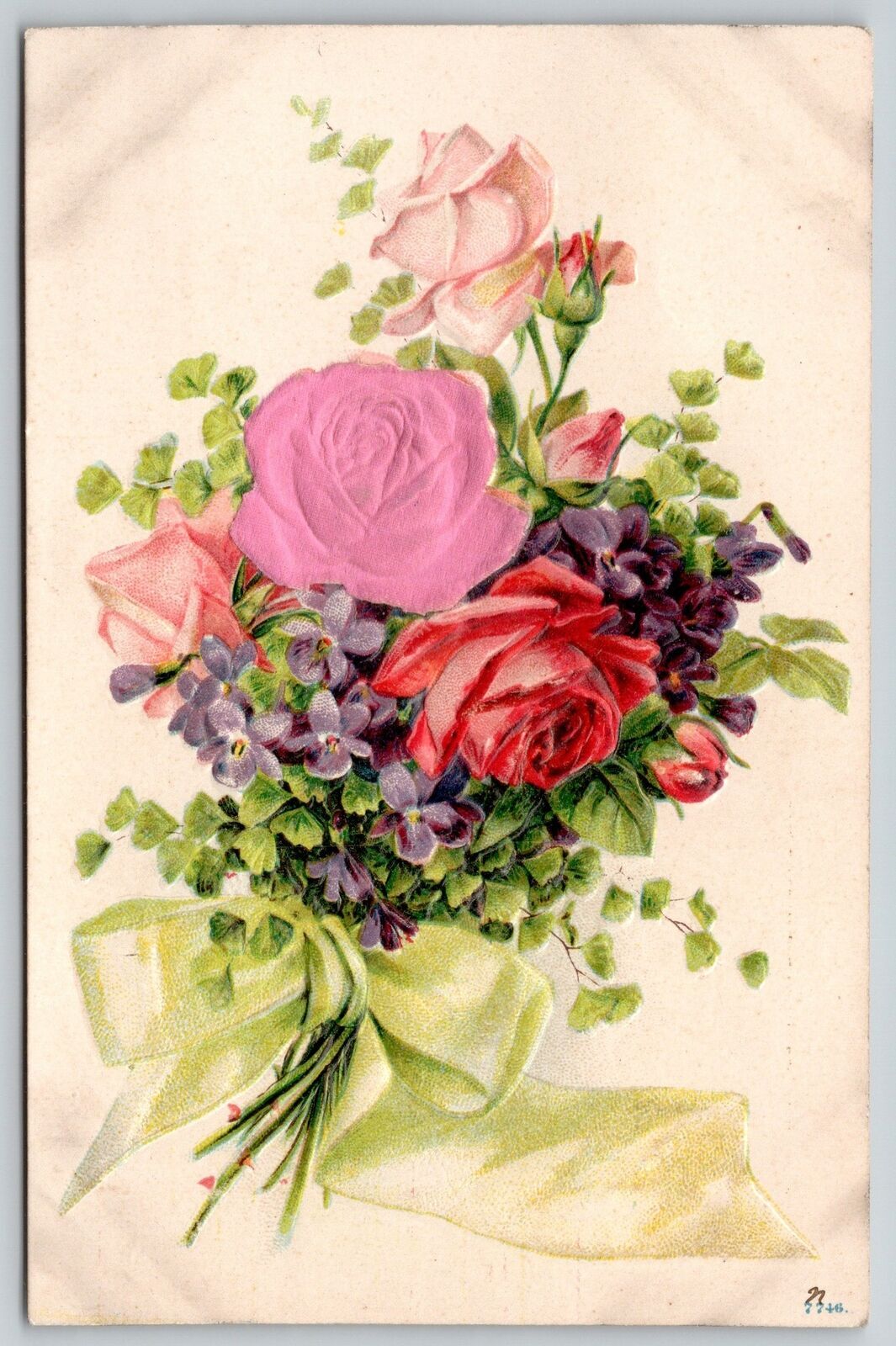 Vintage Victorian Flower~Bouquet of Colorful Pink Roses & Violets~c1910 ...