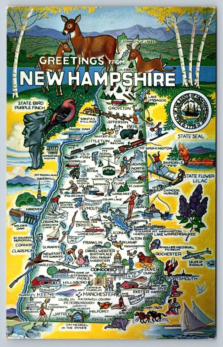 New Hampshire Map Showing Points Of Interest, Vintage Art Postcard By ...