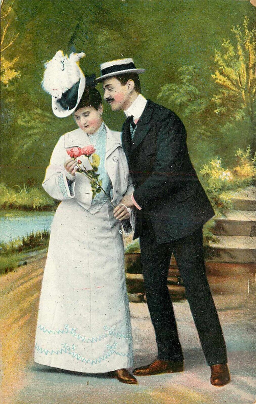 Postcard Romance Edwardian Couple Porkpie Hat Woman Roses Large Hat ...