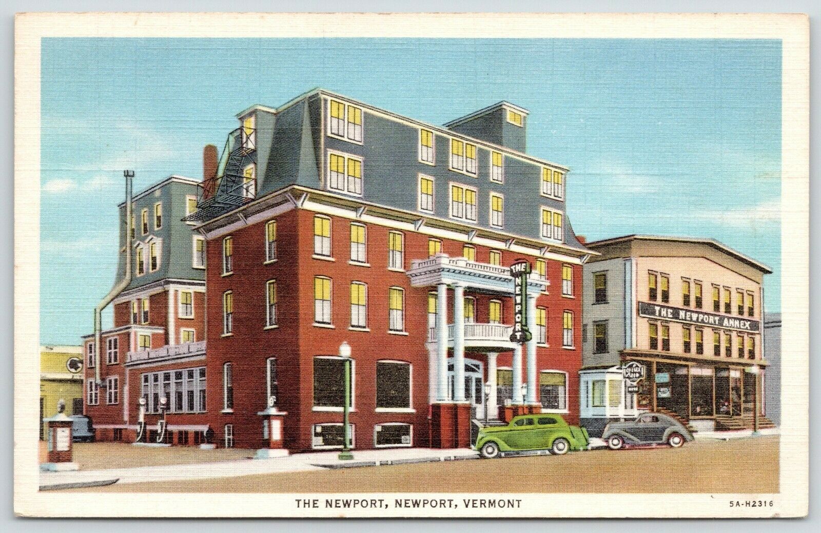 Newport Vermont~Historic Newport Hotel w/Annex~Tall Gasoline Pumps~1935 ...