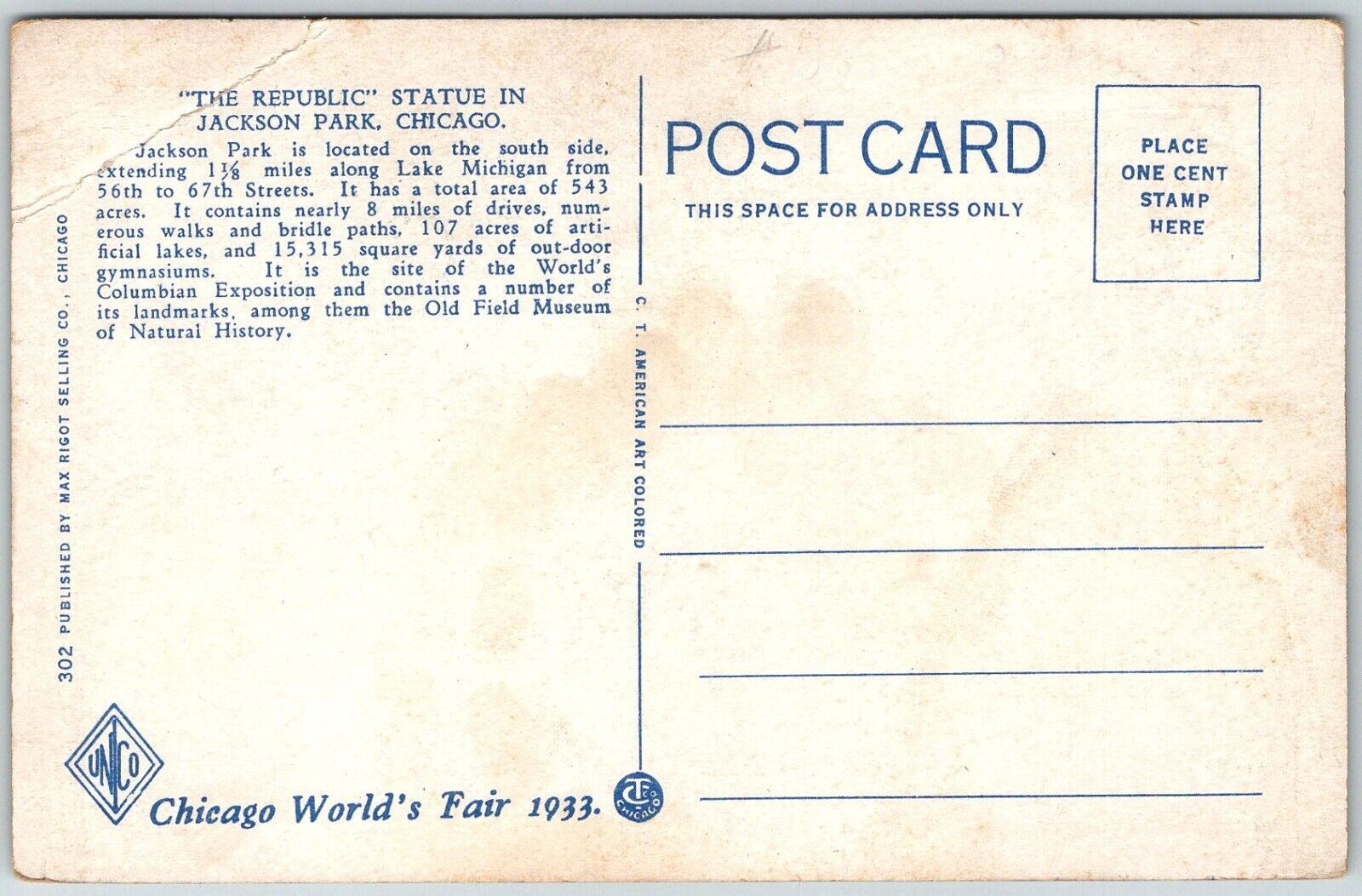 Chicago Illinois 1933 Postcard Republic Statue in Jackson Park World's ...