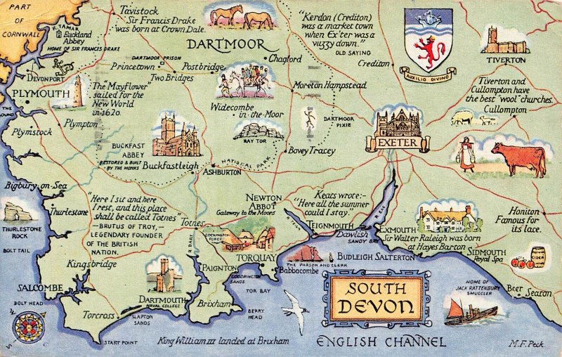 B055 England 1958 South Devon Touristic Map vintage postcard | Europe ...