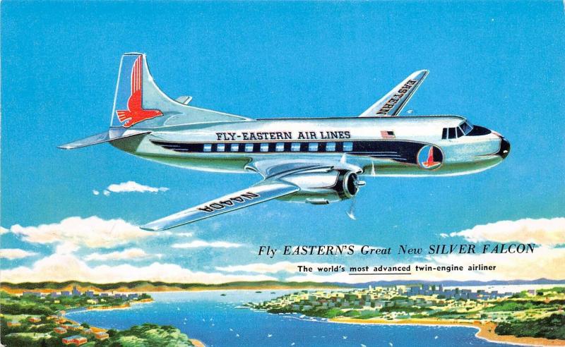 Eartern Airlines 1950s Postcard Silver Falcon Twin Engine Airliner ...