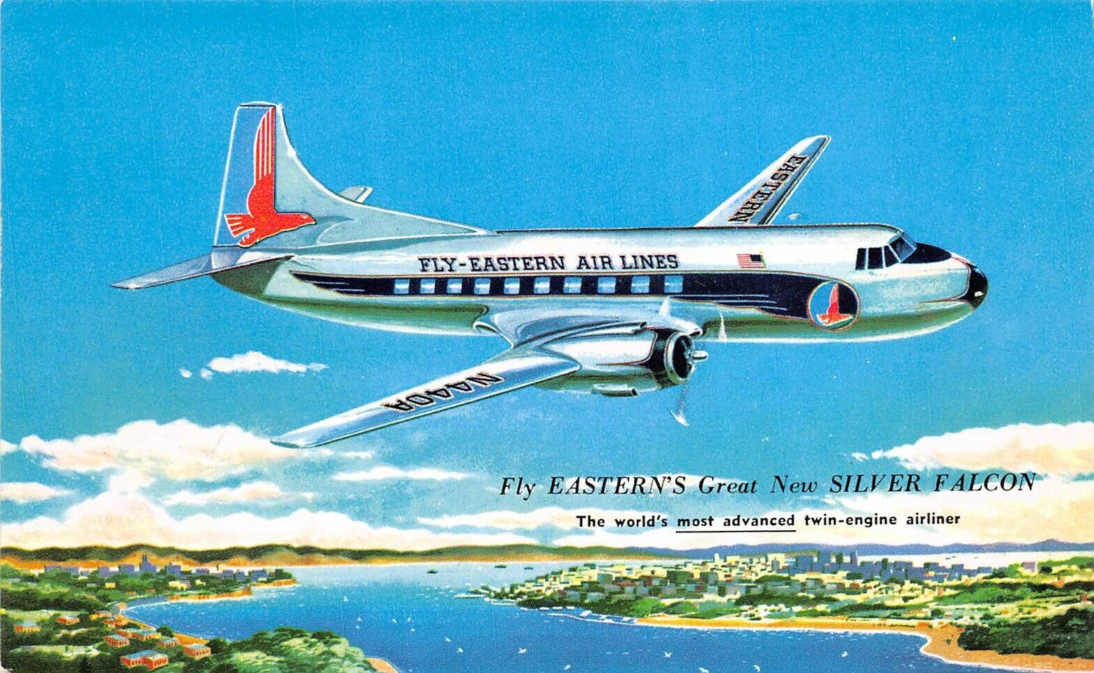 Eartern Airlines 1950s Postcard Silver Falcon Twin Engine Airliner ...