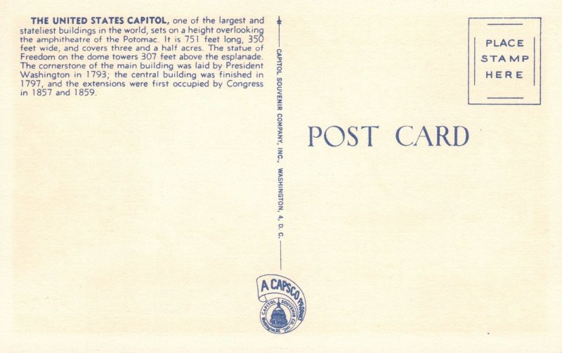 Vintage Postcard 1920's U.S. Capitol Largest Stateliest Building ...