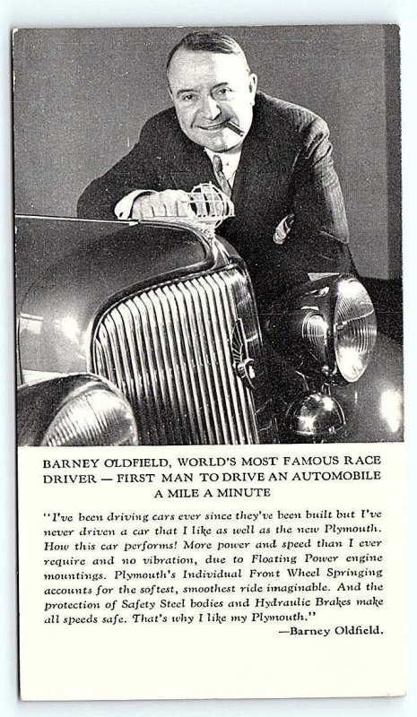 1934 PLYMOUTH Advertising Featuring BARNEY OLDFIELD Race Driver ...
