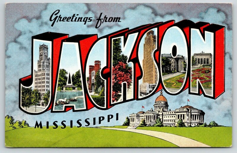 Jackson MS Large Letter Linen~ Billowing Clouds, State Capitol~Park ...