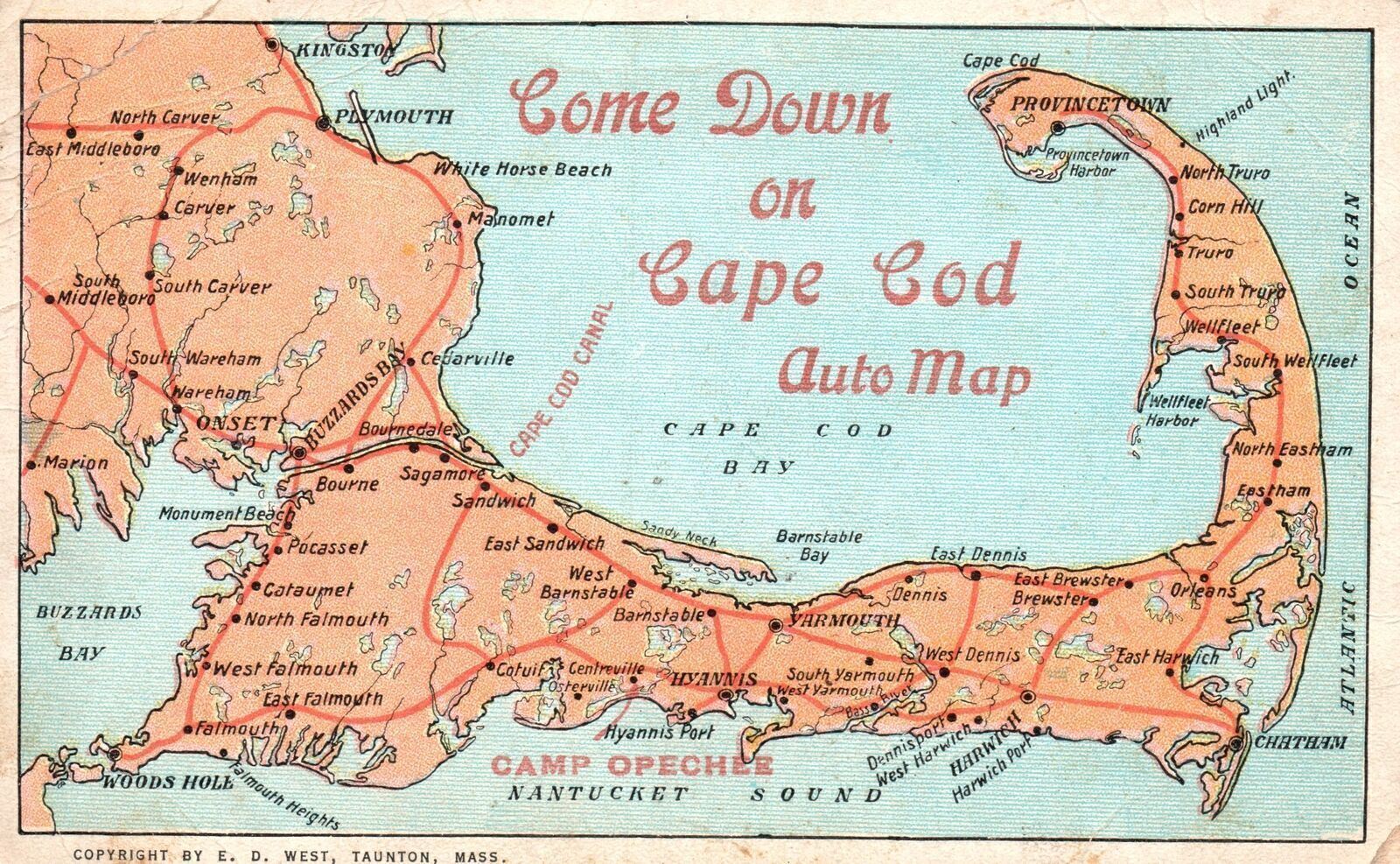 Vintage Postcard Come Down On Cape Cod Auto Map Massachusetts MA A ...