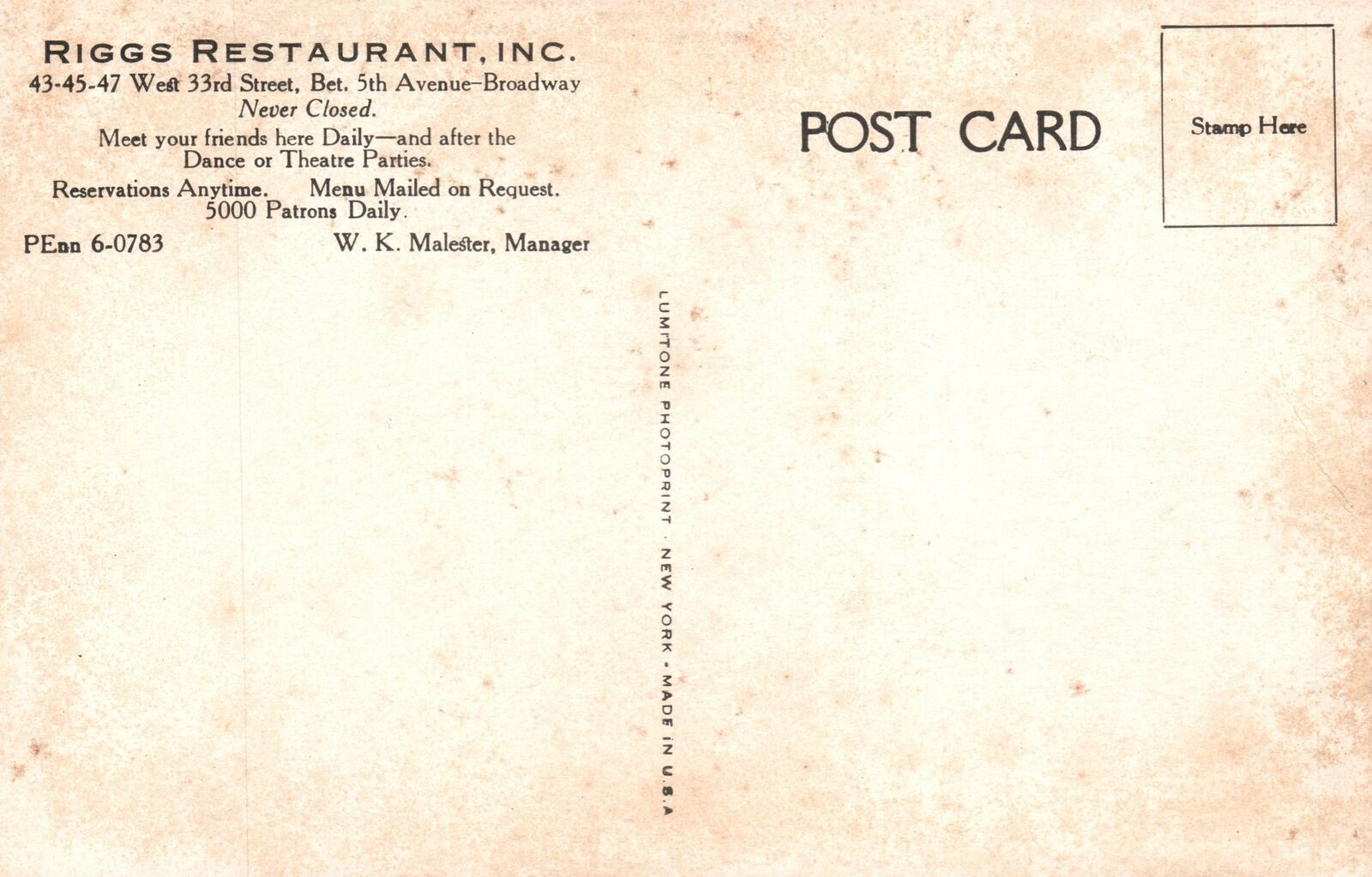 Vintage Postcard 1910's Riggs Restaurant Bar Main Dining Room Never ...
