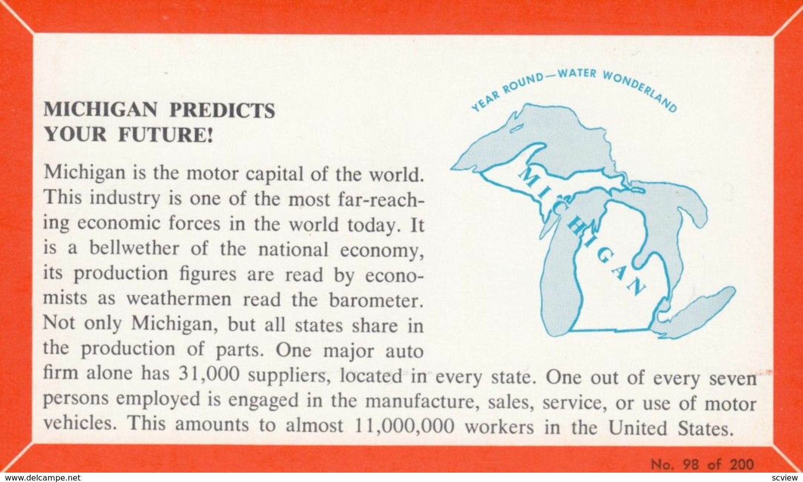 MICHIGAN, 1940-60s; Fact Card, No. 98 of 200, Michigan is the motor ...