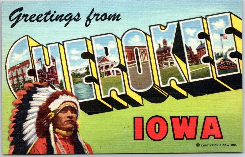 Greetings From Cherokee Iowa IA Large Letter Sioux Indian Landmarks ...