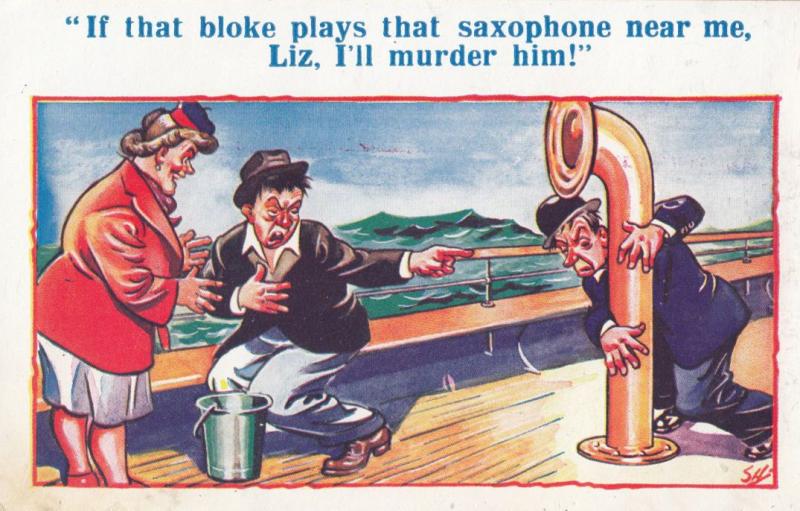 Saxophone Played On Ship Funnel Boat Seasick Old Comic Humour Postcard ...